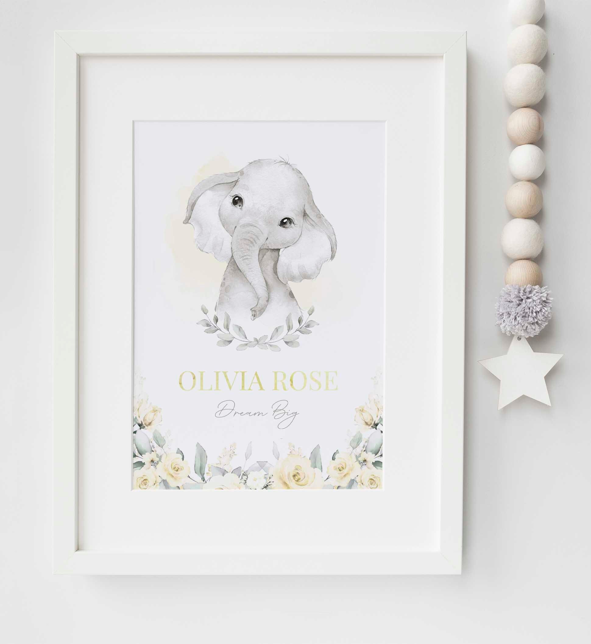 Elephant Name Animal Personalised Nursery Birth New Baby Picture Print ...