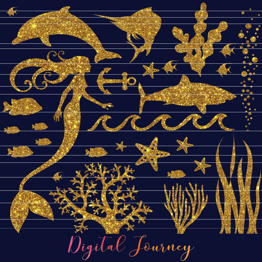 Gold Glitter Ocean Clip Art Mermaid Digital Fish Shark Download Seaweed ...