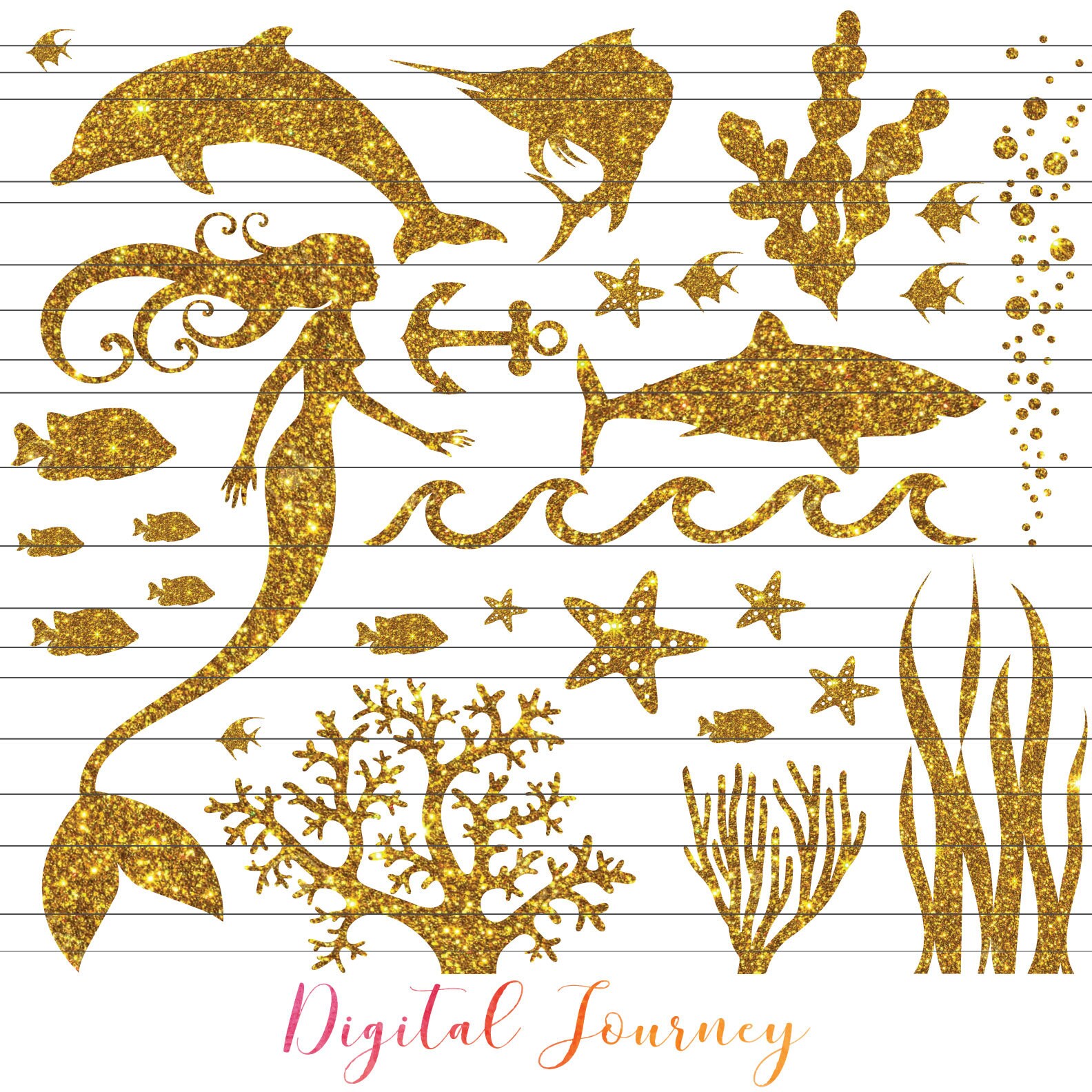 Gold Glitter Ocean Clip Art Mermaid Digital Fish Shark Download Seaweed ...