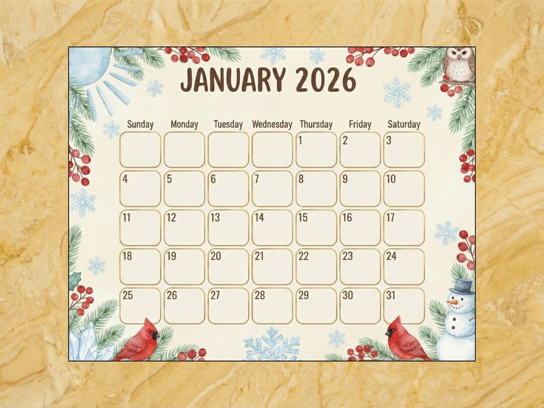 January 2026 Calendar. Printable, PDF, Landscape, Winter Cottagecore ...