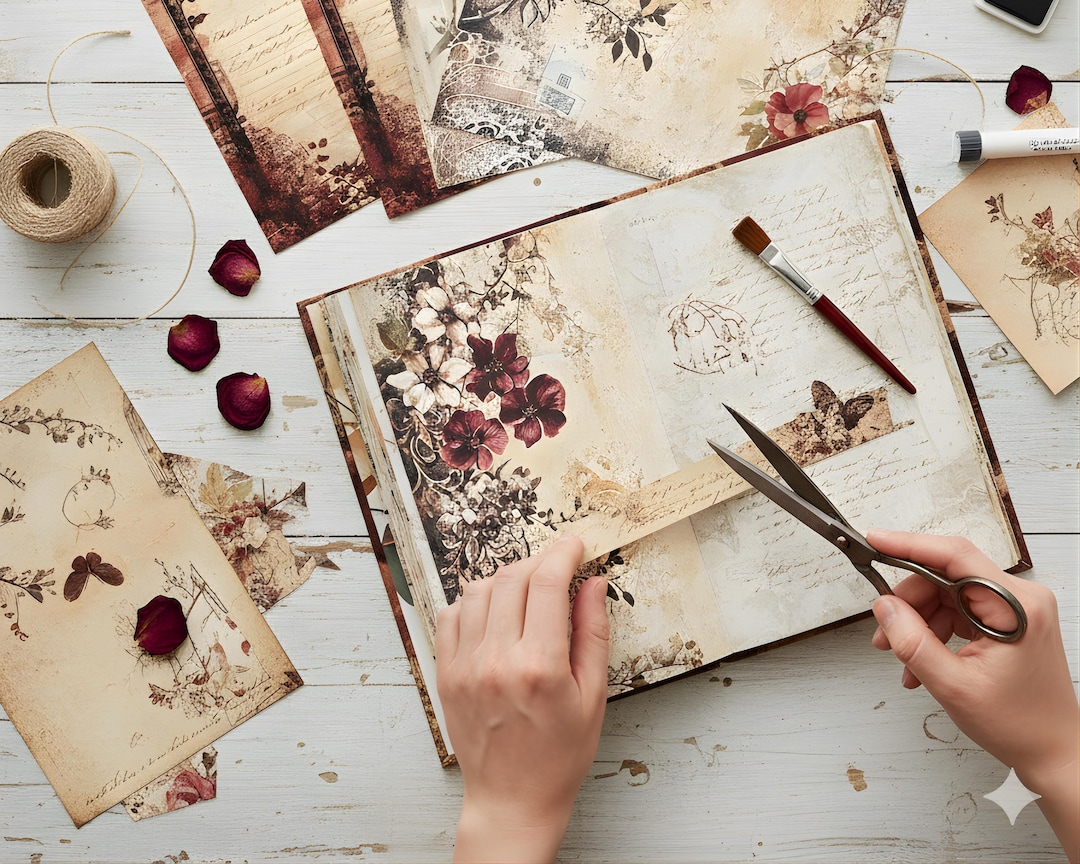 Burgundy Digital Scrapbook Paper. Junk Journal Kit, Printable Floral ...