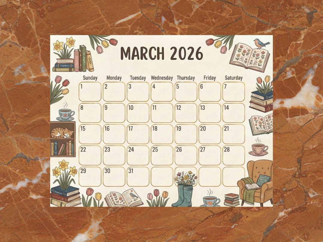 March 2026 Calendar for Book Lover. Printable & Editable, Bulletin ...