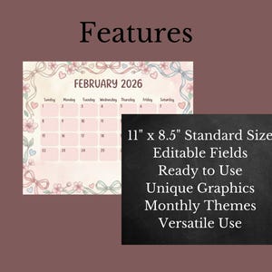 February 2026 Printable Calendar. Editable Landscape Coquette Bow ...