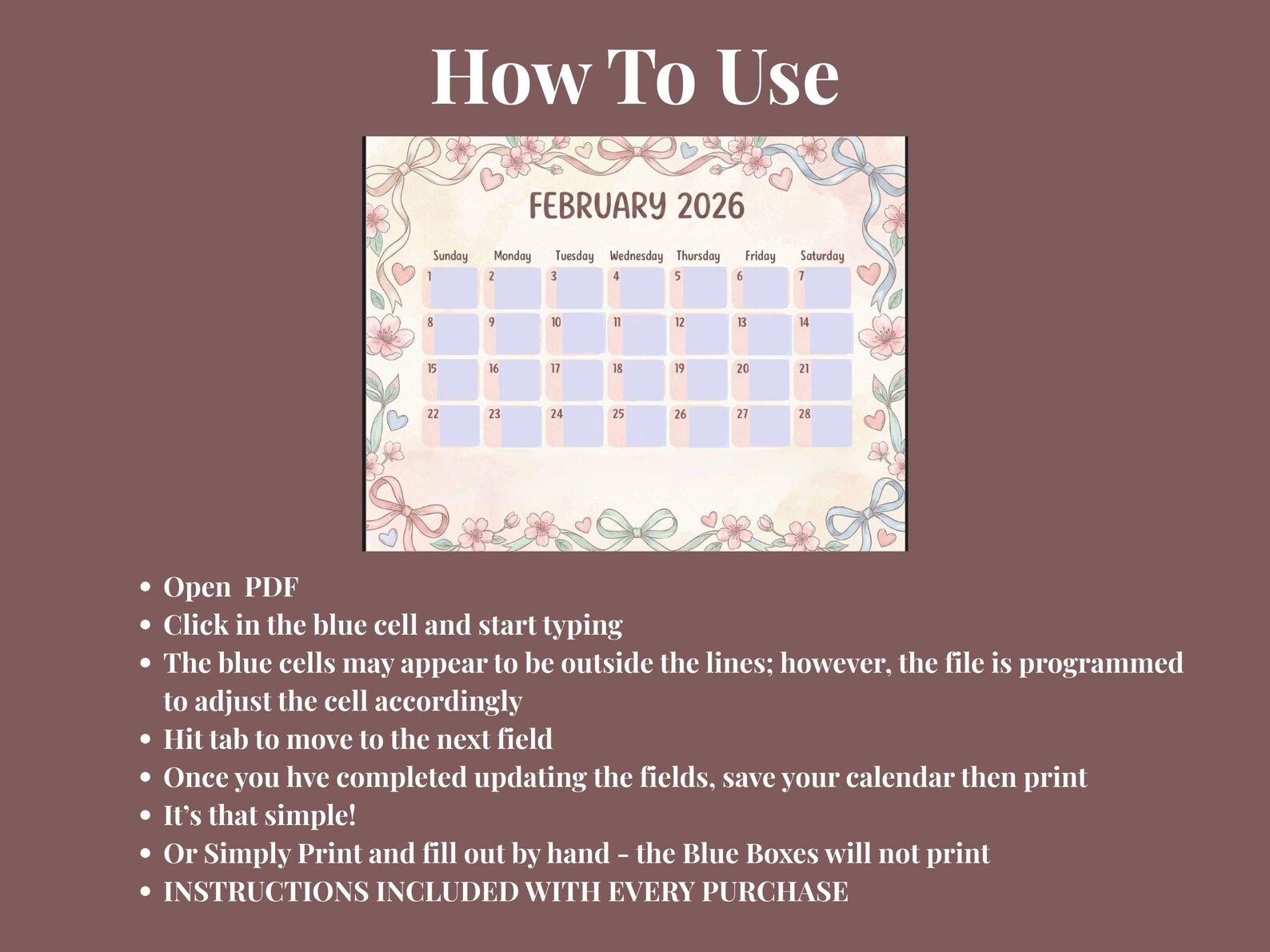February 2026 Printable Calendar. Editable Landscape Coquette Bow ...
