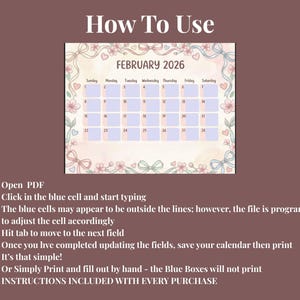 February 2026 Printable Calendar. Editable Landscape Coquette Bow ...