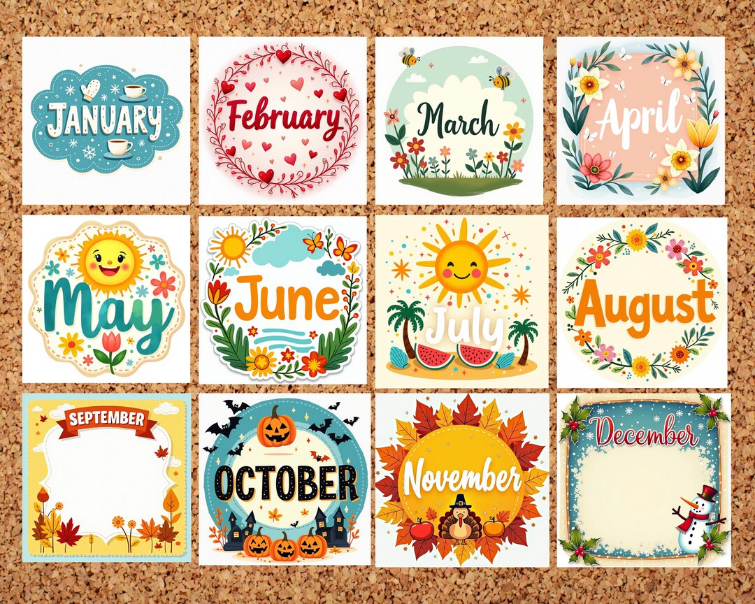 Printable Monthly Calendar Stickers. Bulletin Board Cute Classroom ...