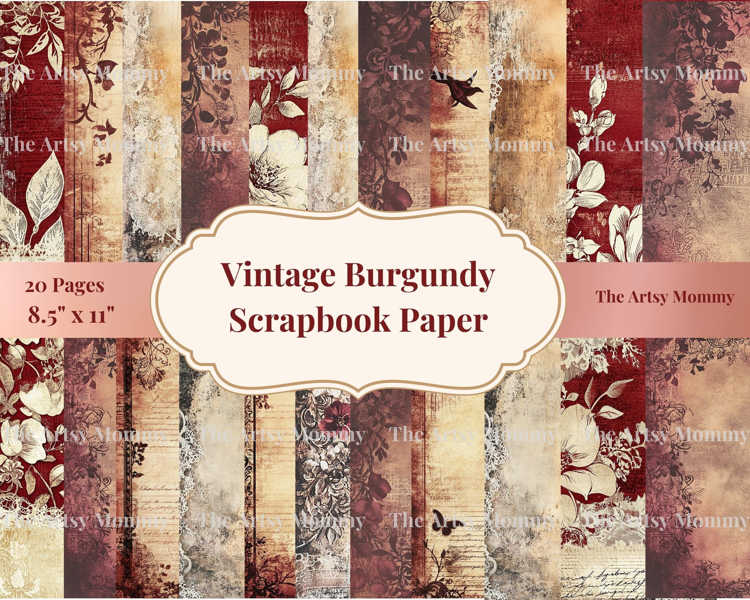 Burgundy Digital Scrapbook Paper. Junk Journal Kit, Printable Floral ...
