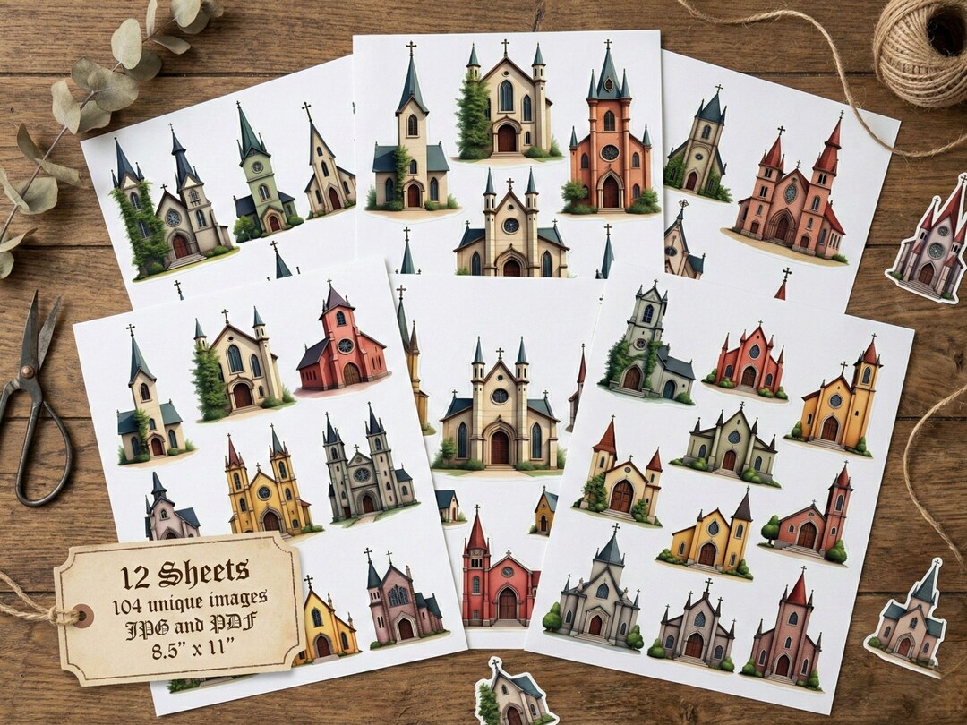 Vintage Church Stickers & Clipart. Junk Journal, Ephemera, Digital ...