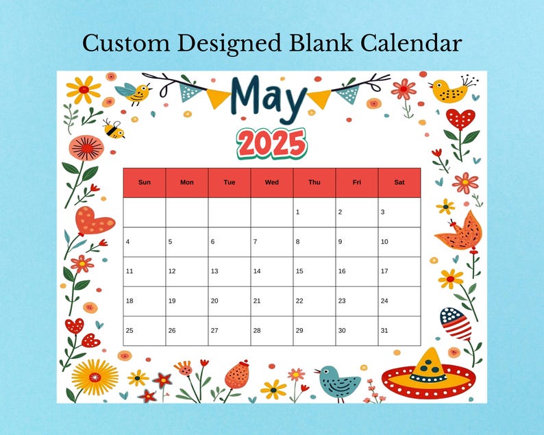May 2025 Calendar. Editable Blank Calendar for Kids. Spring & Cinco De ...