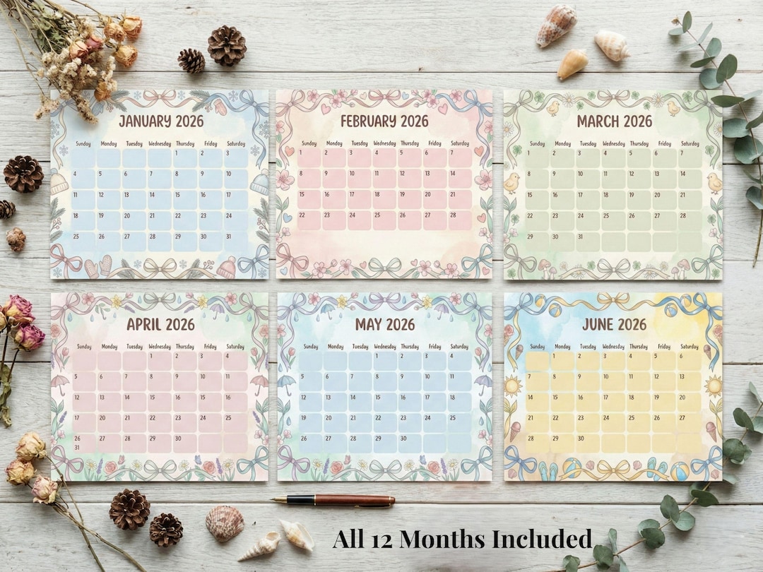 2026 Full Year Printable Calendar. Coquette Bow Planner Inserts. A5 ...
