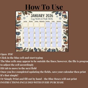 January 2026 Calendar Printable. Book Lover, Cozy Reading Nook, Winter ...