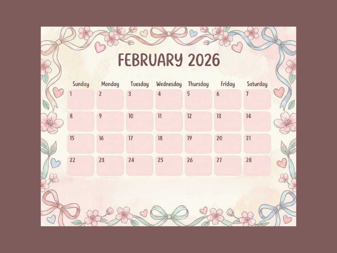 February 2026 Printable Calendar. Editable Landscape Coquette Bow ...