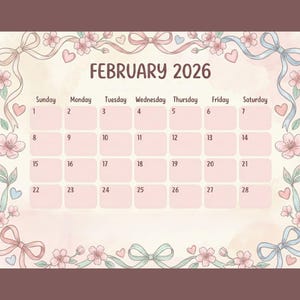 February 2026 Printable Calendar. Editable Landscape Coquette Bow ...