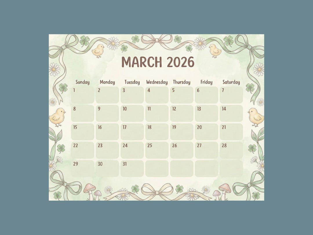 March 2026 Printable Calendar. Editable, Landscape, Coquette Bow ...