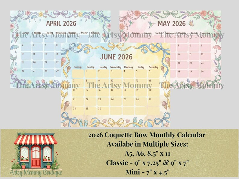 2026 Full Year Printable Calendar. Coquette Bow Planner Inserts. A5 ...
