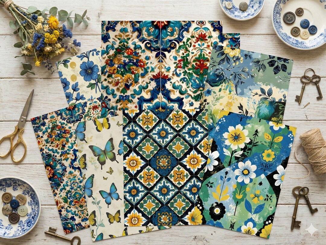 Assorted Floral Vision Board Digital Paper. Blue, Yellow, Green ...
