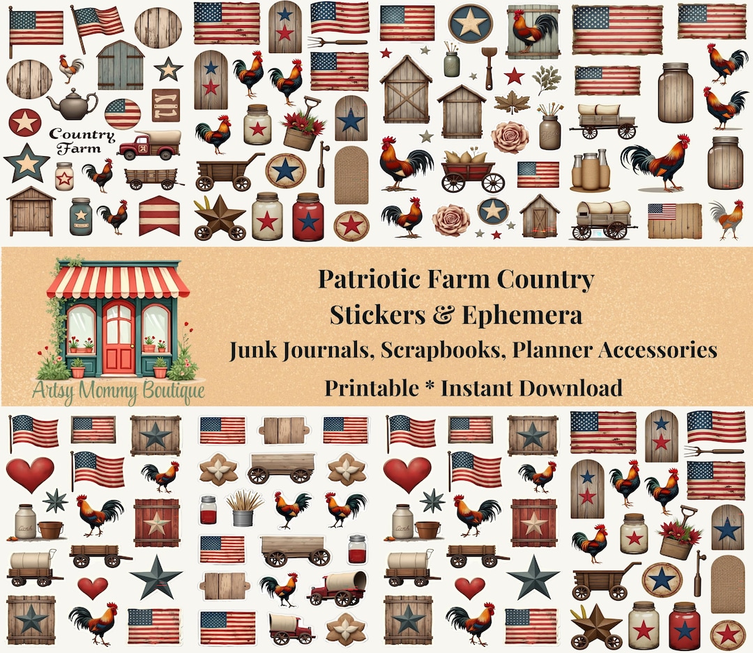 Patriotic Farm Sticker Bundle: Rooster & Country Ephemera (digital ...