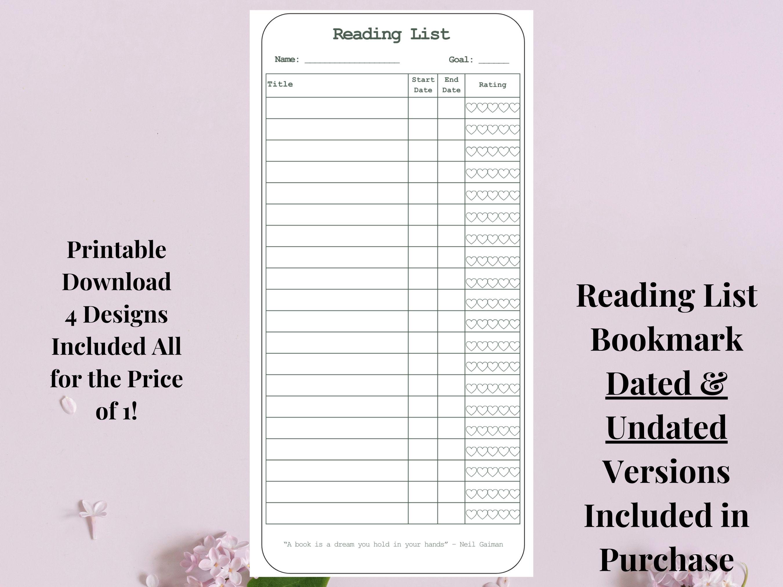2026 Reading Log Bookmark. Undated Printable TBR List Tracker, Book ...