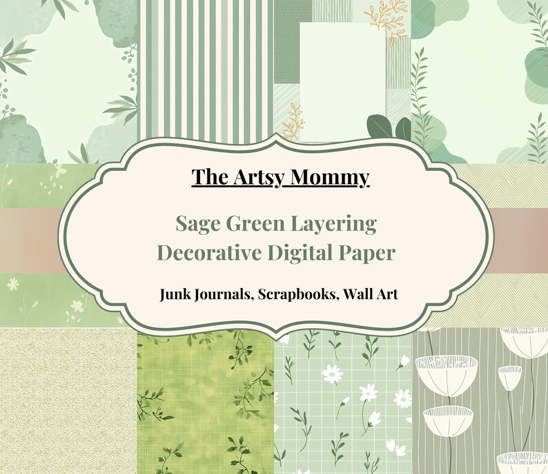 Sage Green Digital Paper Pack. Printable Scrapbook & Junk Journal Pages ...