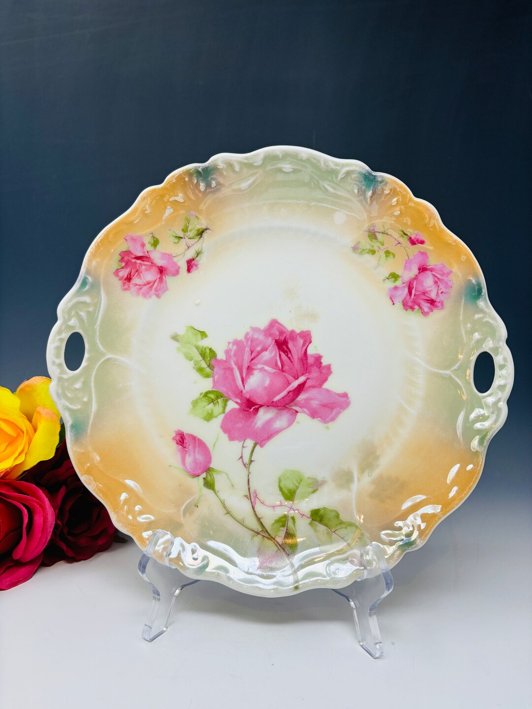 Pink Roses on White Platter With Handles - Etsy