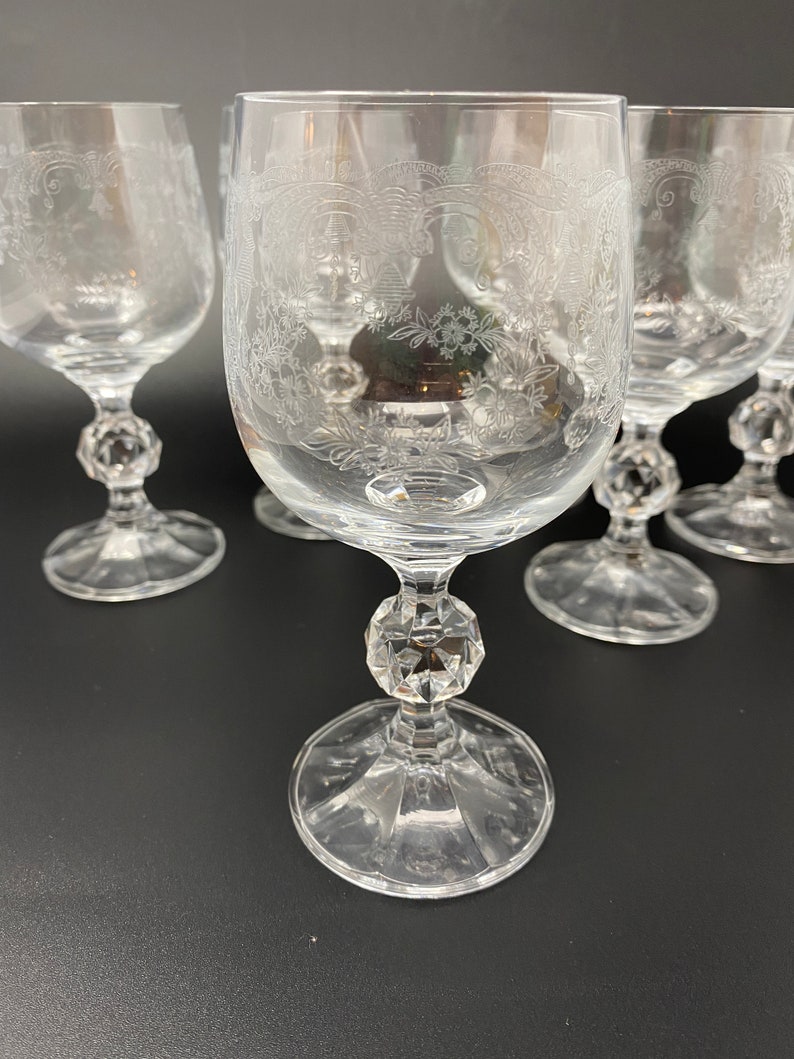 Crystal Wine Glasses Etched Floral Pattern Cascade by Import - Etsy