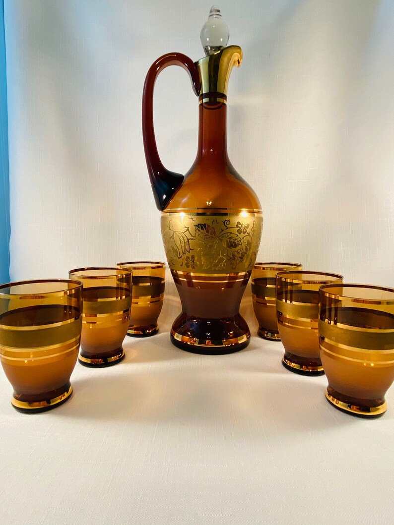 Amber and Gold Decanter Set With 6 Cups - Etsy