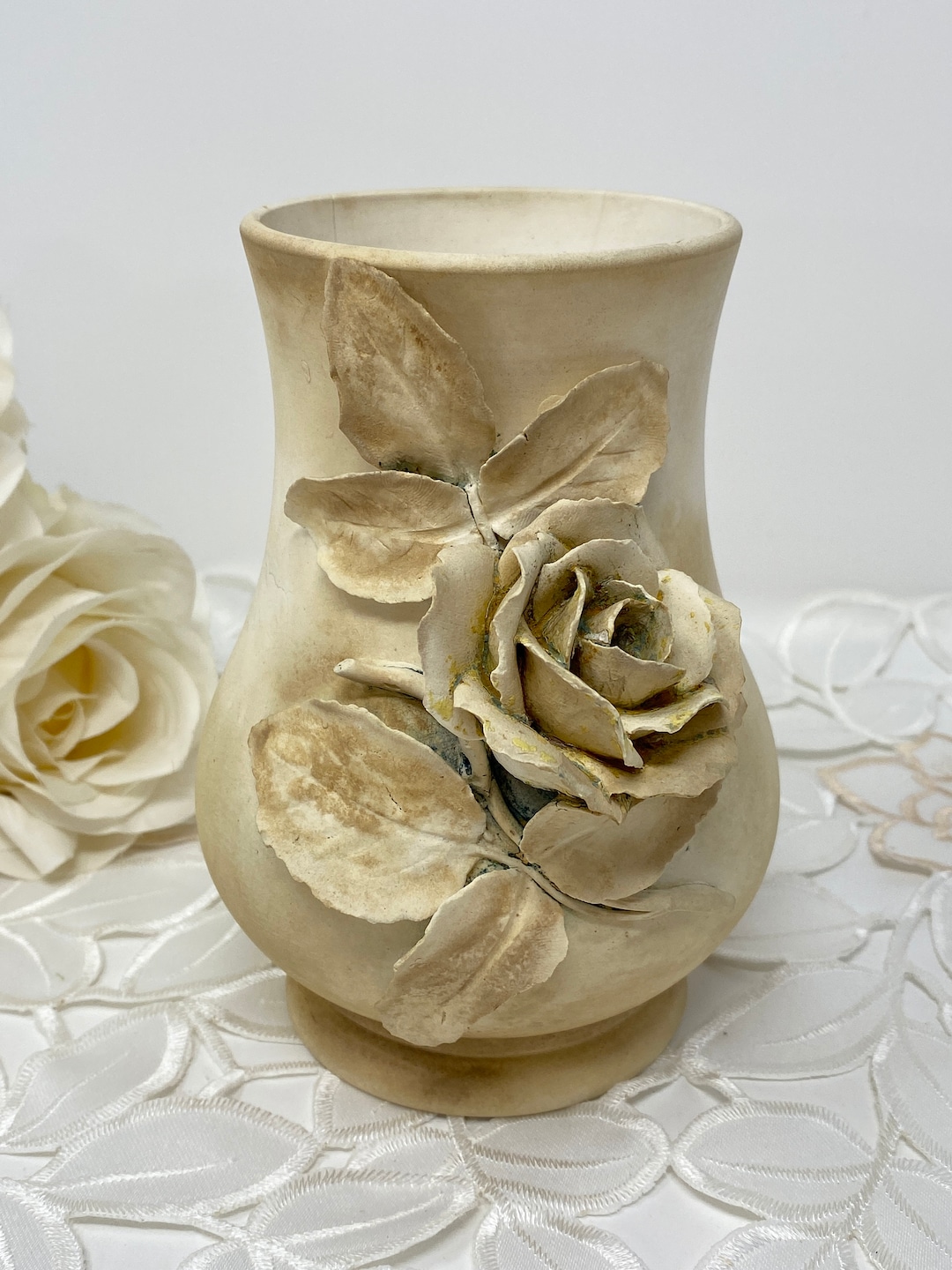 Antique Odell & Brooks Brothers Potters White Relief Rose Vase, RARE - Etsy