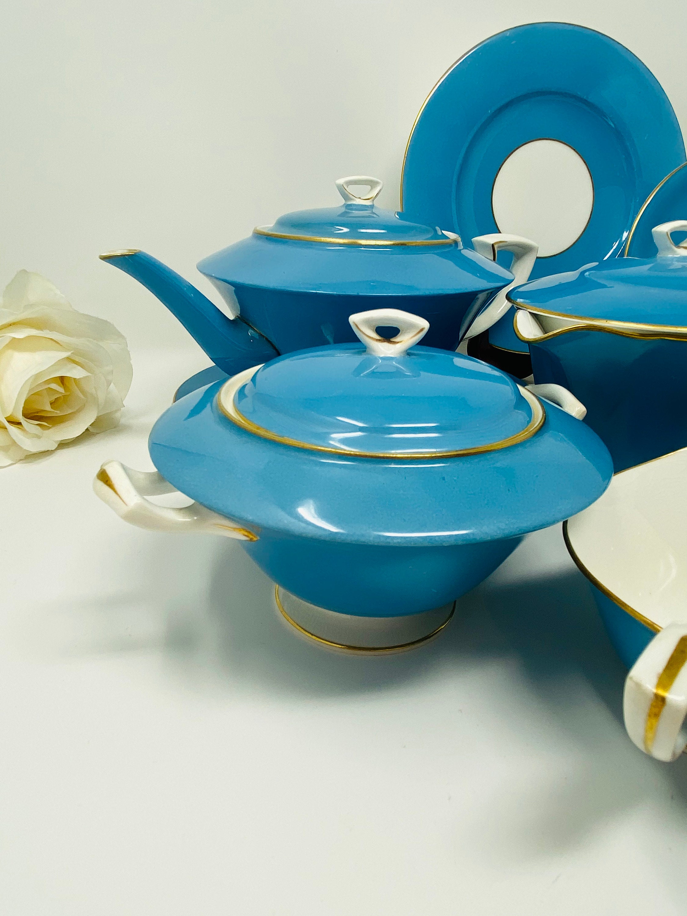 Antique Royal Worcester Bone China Blue RARE Art Deco Tea Set for Four ...