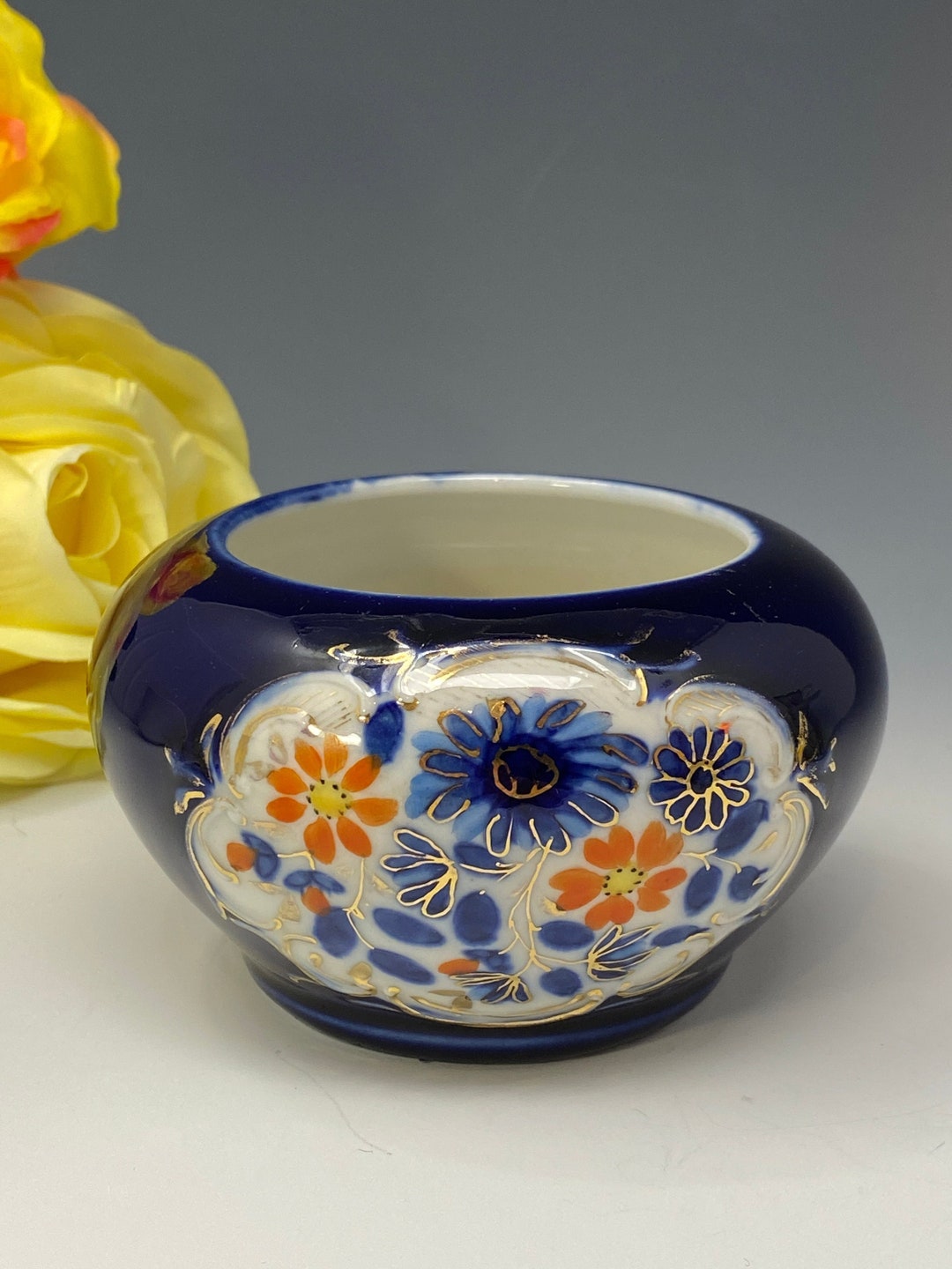 Antique Hand Painted Blue and Floral Ceramic Rose Bowl - Etsy