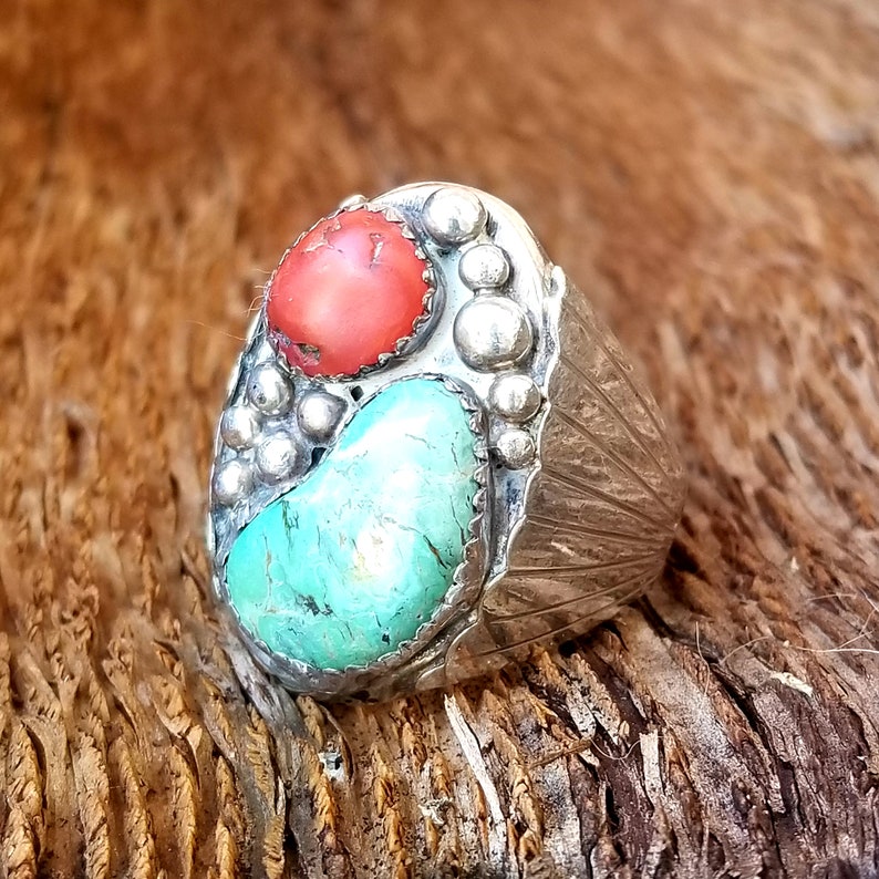 Vintage Sterling Turquoise & Coral Ring - Etsy