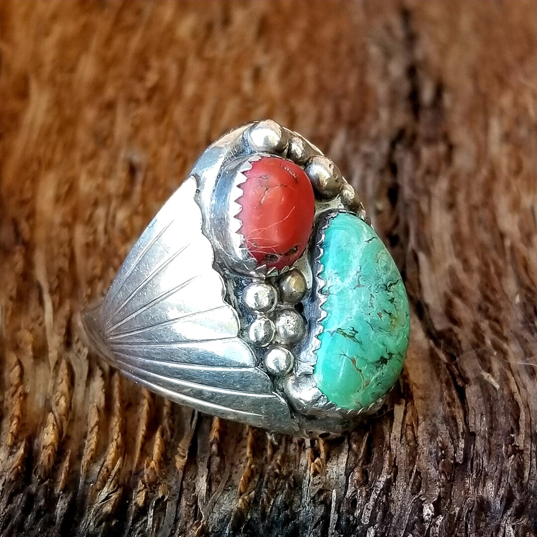 Vintage Sterling Turquoise & Coral Ring - Etsy