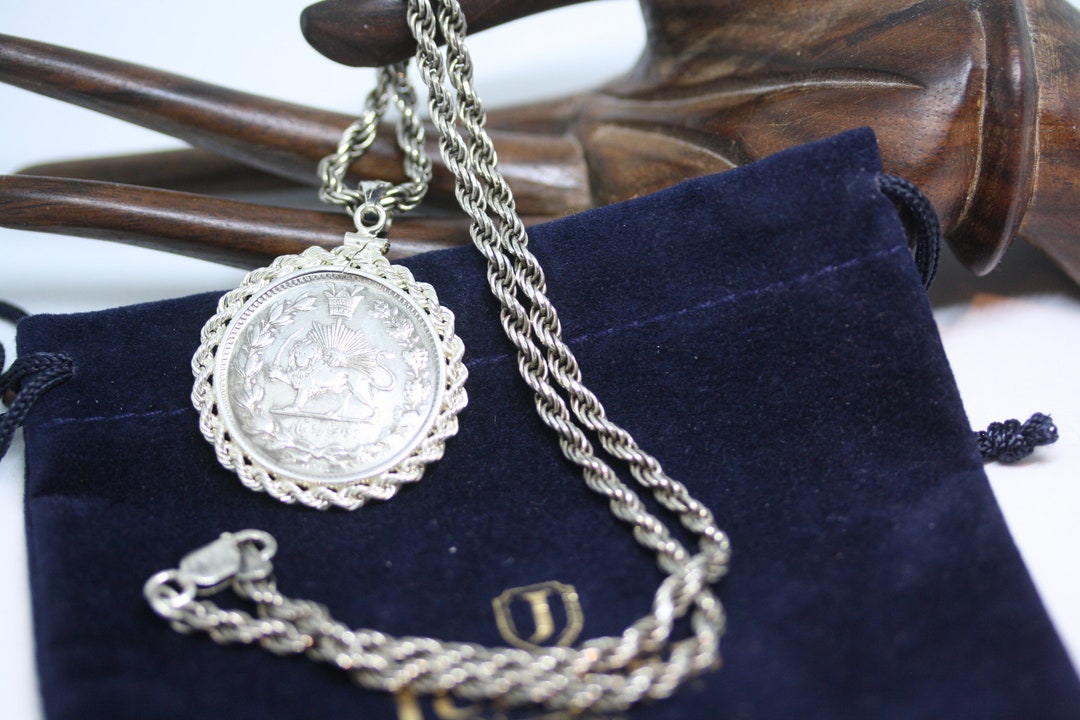 Vintage 1910 Persis Qajar Bezel Lion Sun Coat of Arm Coin 925 Silver ...