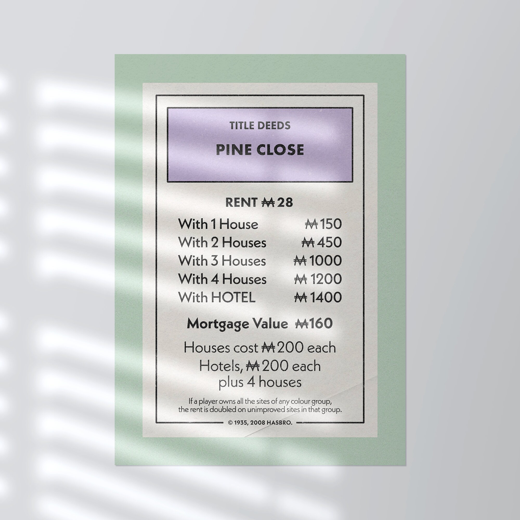 Custom Street Name Monopoly Card Digital Download Poster - Etsy