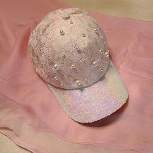 Lace, Sequins, and Faux Pearls Baseball Cap Pink One Size - Etsy