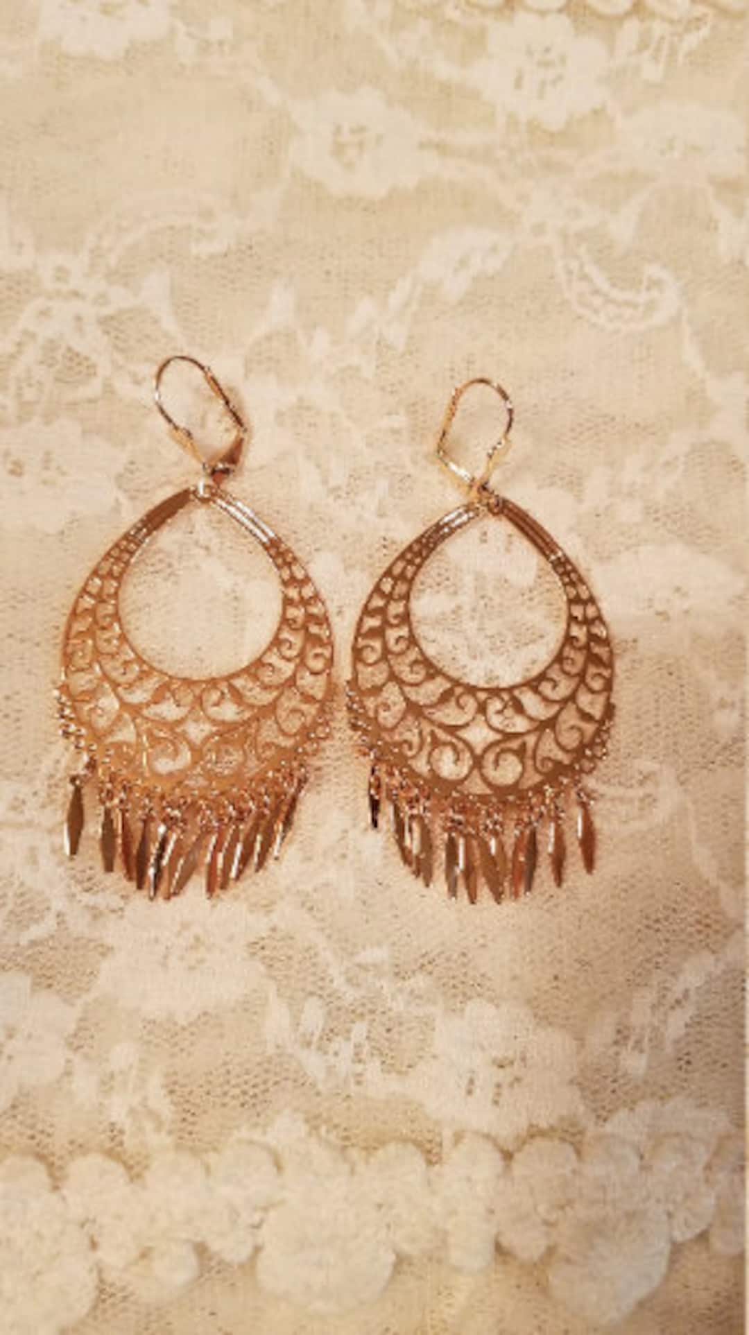Vintage 18k Gold Plated Filigree Cut-out Dangling Earrings Pierced 2-1/ ...