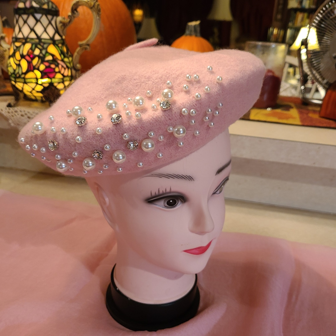 Glam Beret W Faux Pearls And Rhinestones 100 Wool Powder Puff Pink