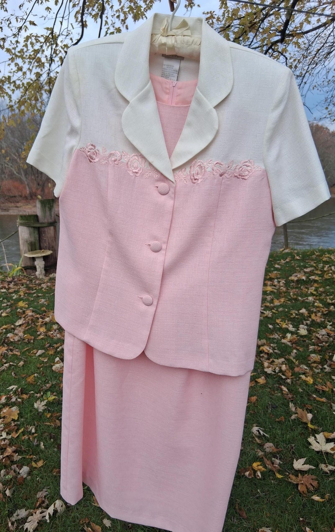 Koret Womens Dress Suit Set Pastel Pink White Sheath Jacket Embroidered ...