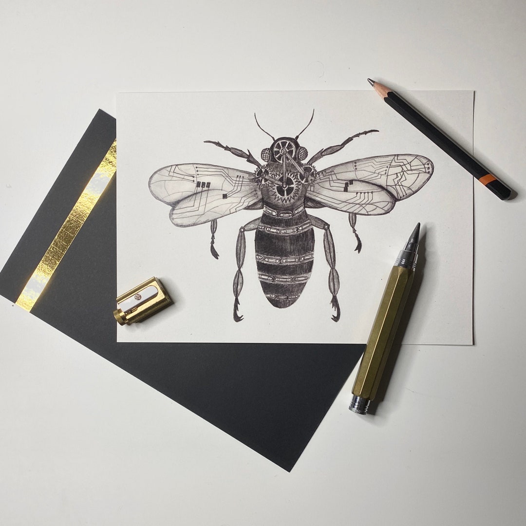 Steampunk Pencil Drawing Print Bee Scientific A5 Biopunk - Etsy