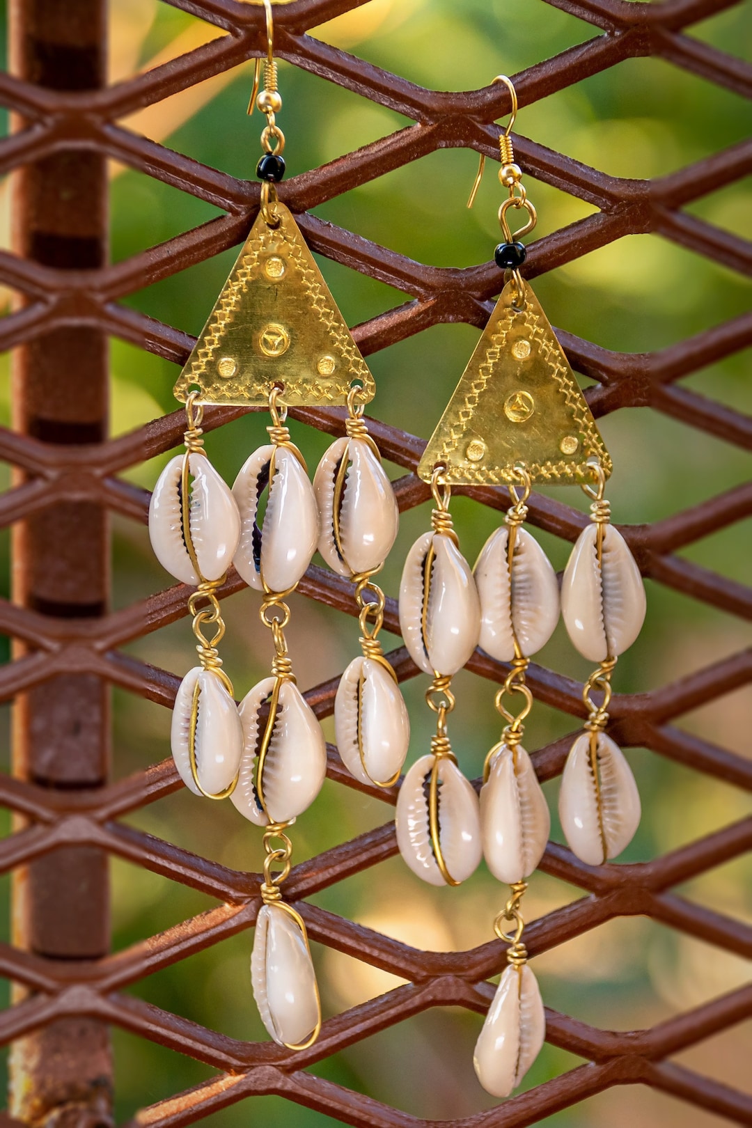 Shell Jewelry, African Cowrie Shell Chandelier With Triangle Brass ...