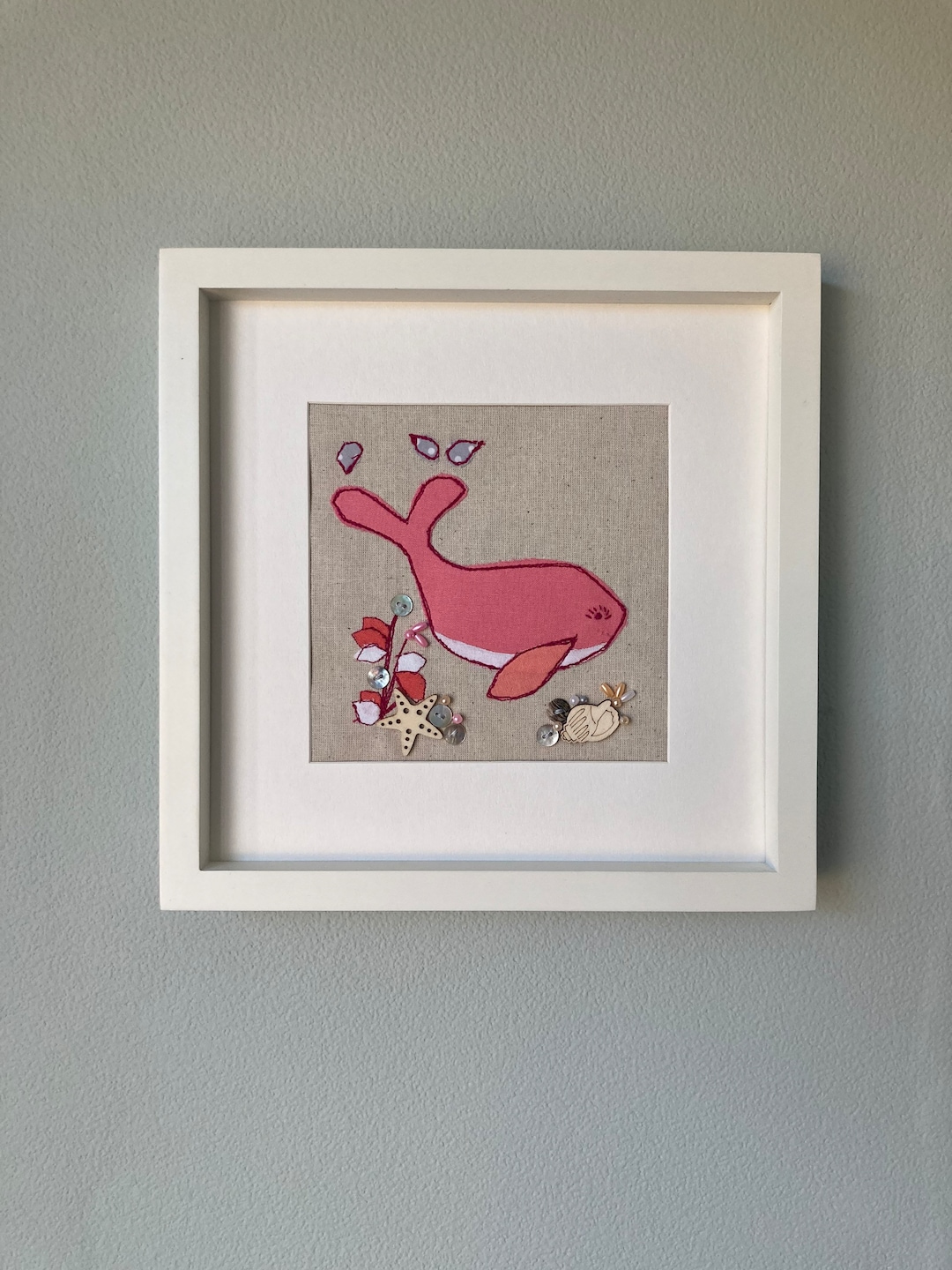Pink Whale Embroidered Fabric Picture. Fabric Nursery Picture. Fabric ...