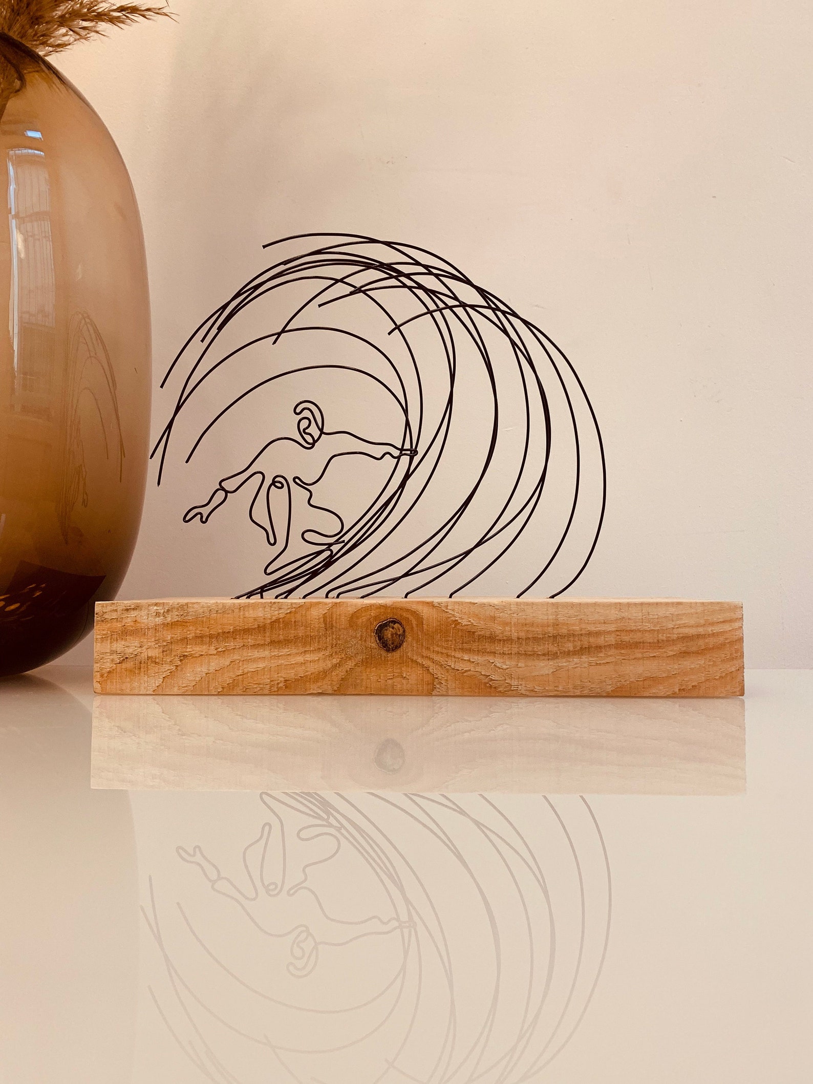 Wire Art, Abstract Surfing Sculpture, Office Decor, Wave & Surfer Table ...