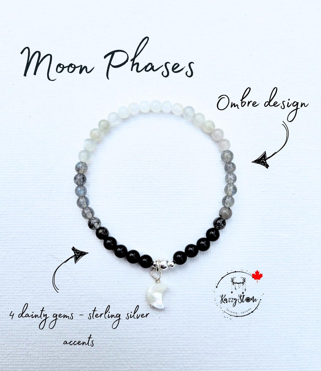 MOON Phases Bracelet, High Quality Natural Gemstones, 4mm Black ...