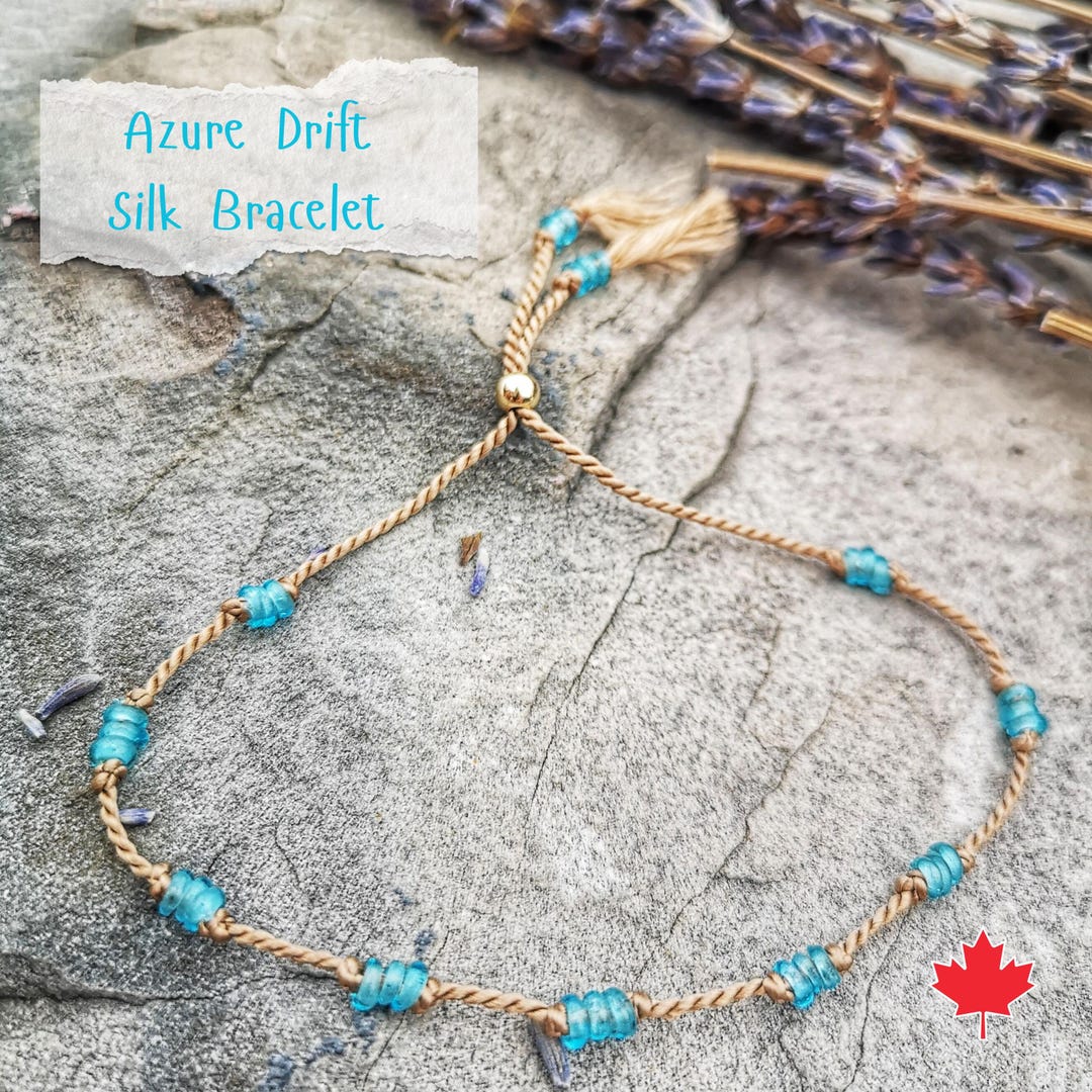 Azure Drift Silk Bracelet – Blue Java Glass Beads, Gold Filled Slider ...