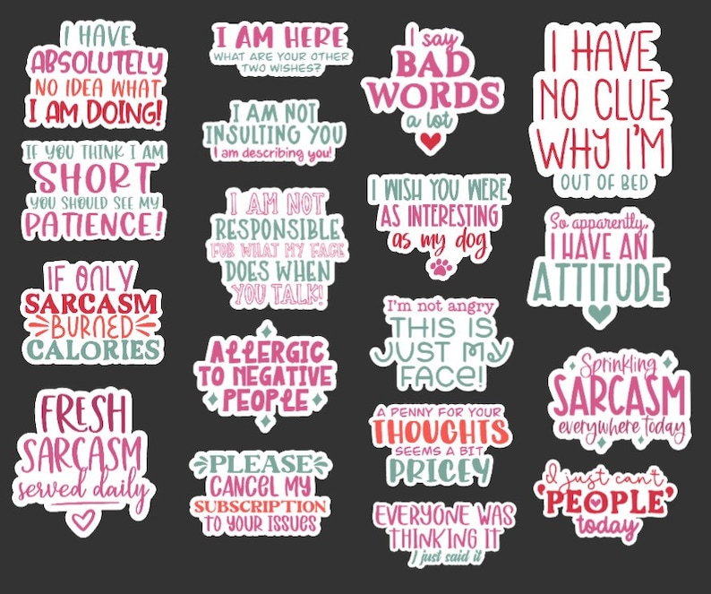 20 Funny Sarcastic Quote Stickers Bundle Sarcasm Snarky - Etsy