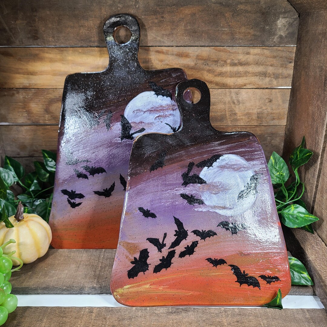 Ceramic Cheese Board, Charcuterie Board, Moon & Bat Pattern, Hand ...