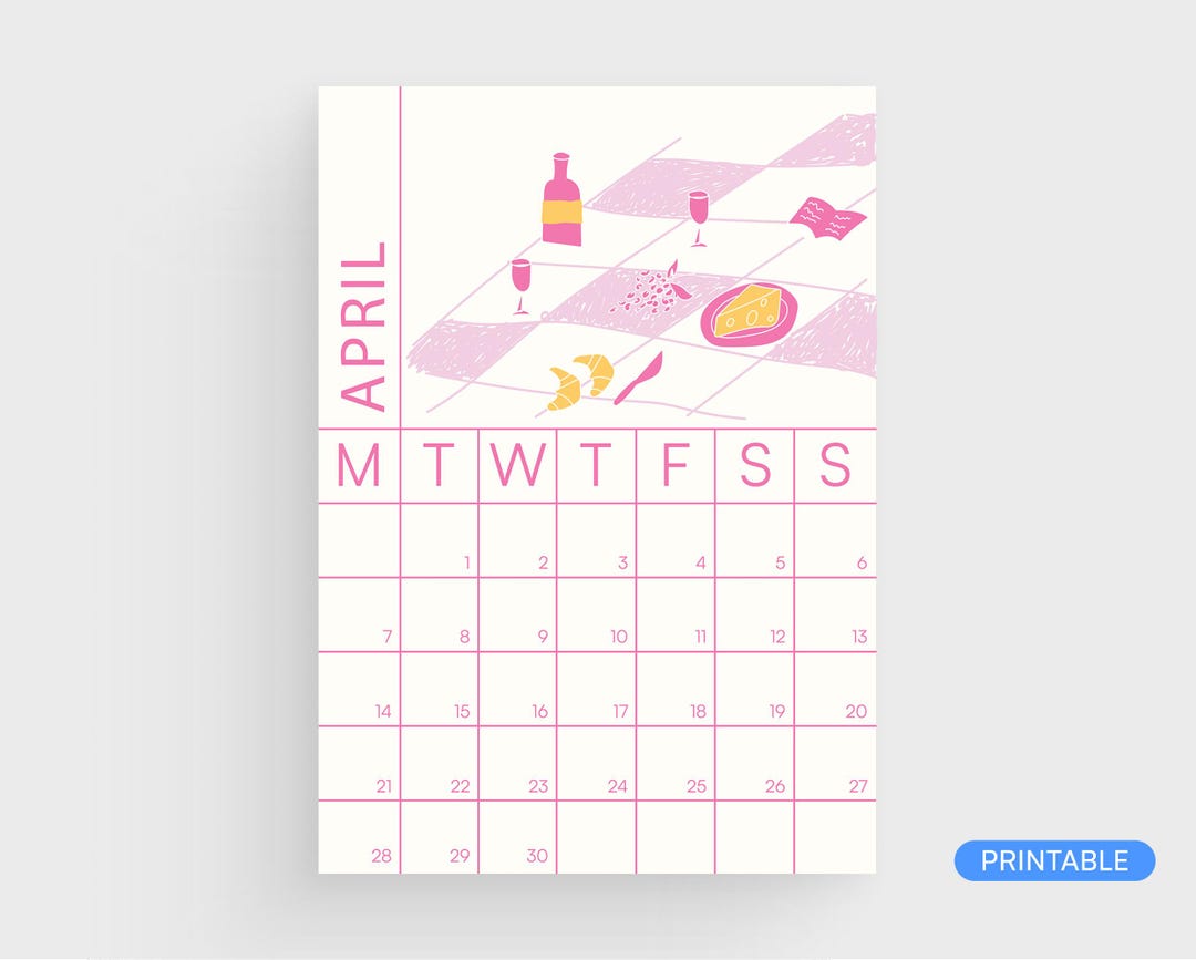 Printable April Calendar, Modern Wall Art, A2 Poster (PDF) - Etsy
