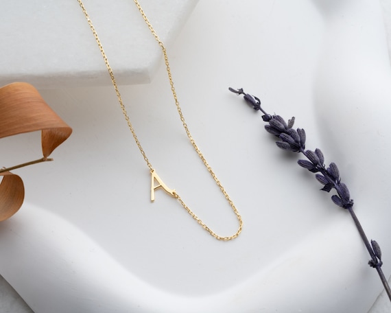 14K Solid Gold Initial Necklace Sideways Personalized Initial Necklace Letter Necklace Custom Initial Necklace Handmade Jewelry