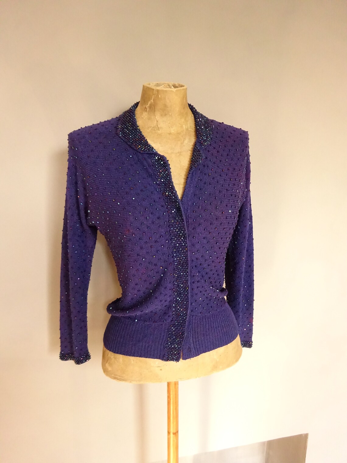 Original 1940s BEADED EVENING Cardigan-40s Navy Blue Wool Knitted ...