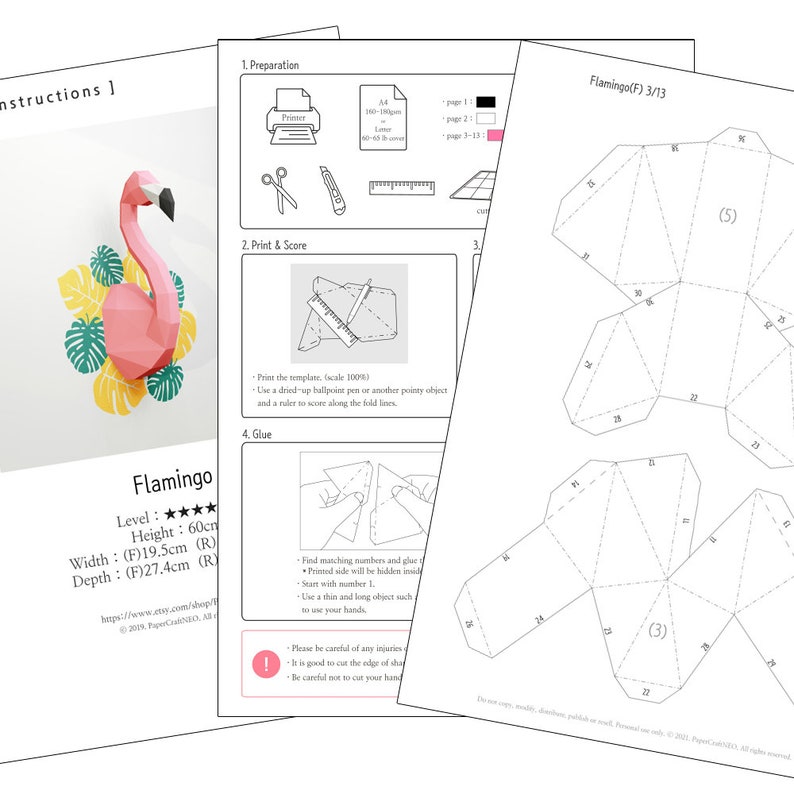Flamingo Papercraft, 3D Wall Decor DIY Sculpture Low Poly Printable ...