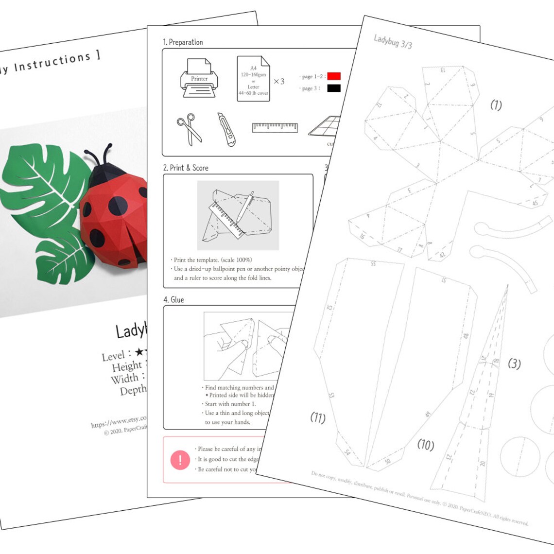 Ladybug Papercraft Low Poly Printable DIY Template Room Decor Insect ...